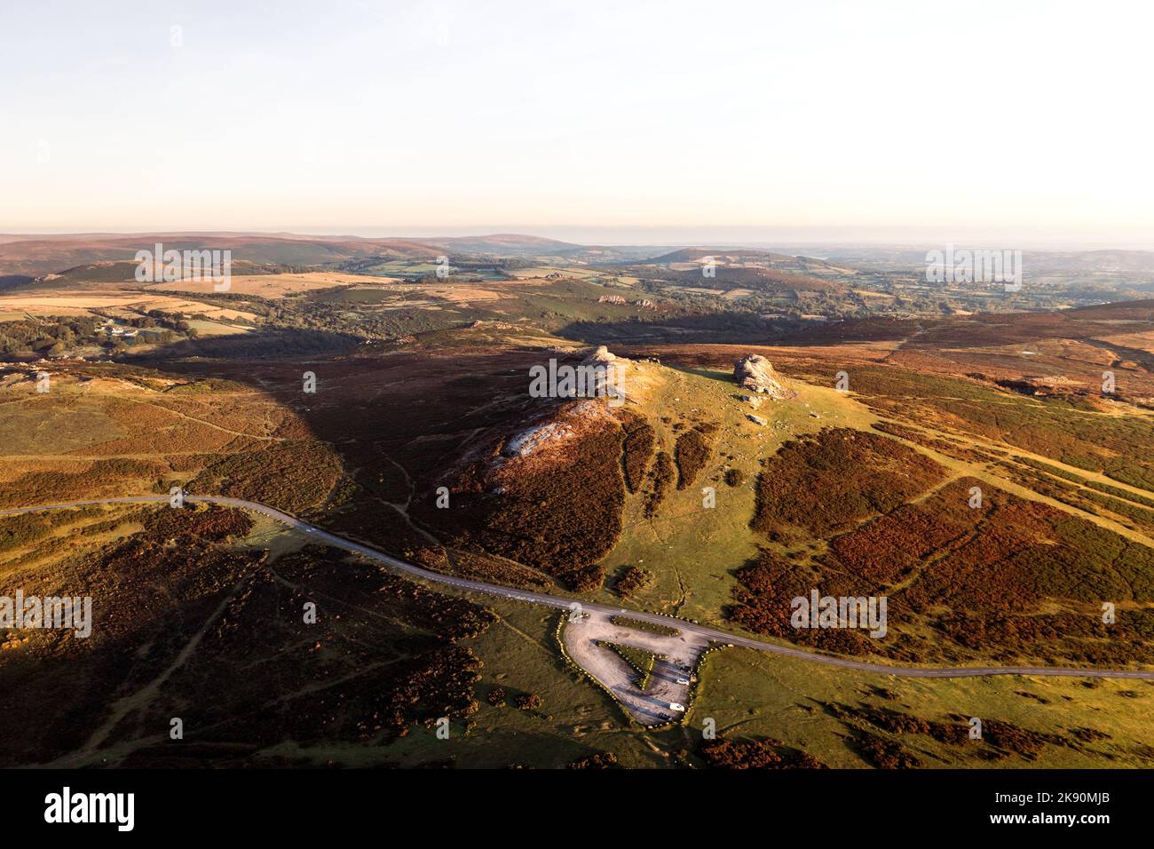An aerial landscape view of Haytor Rocks in The Dartmoor National Park ...