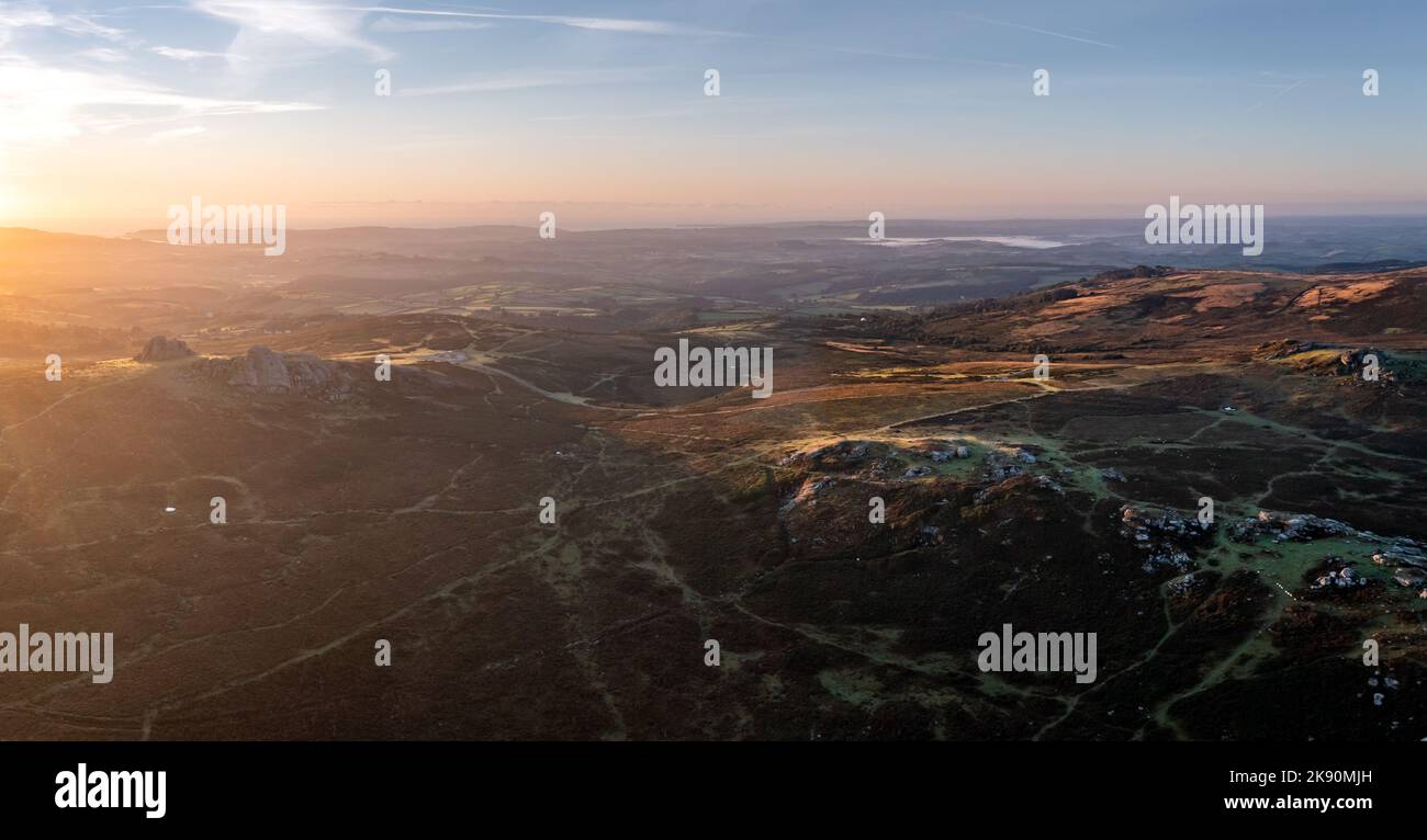 An aerial landscape view of Haytor Rocks in The Dartmoor National Park ...