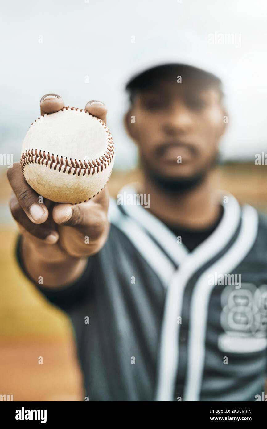 Sports, baseball and hands of man with ball for game match, performance ...