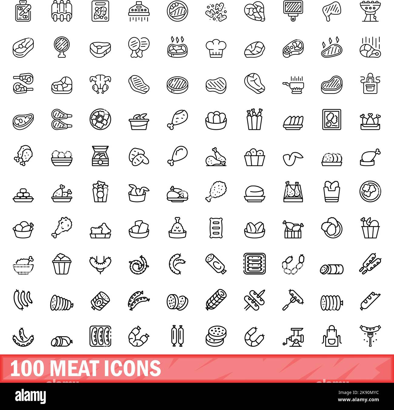 100 meat icons set. Outline illustration of 100 meat icons vector set ...
