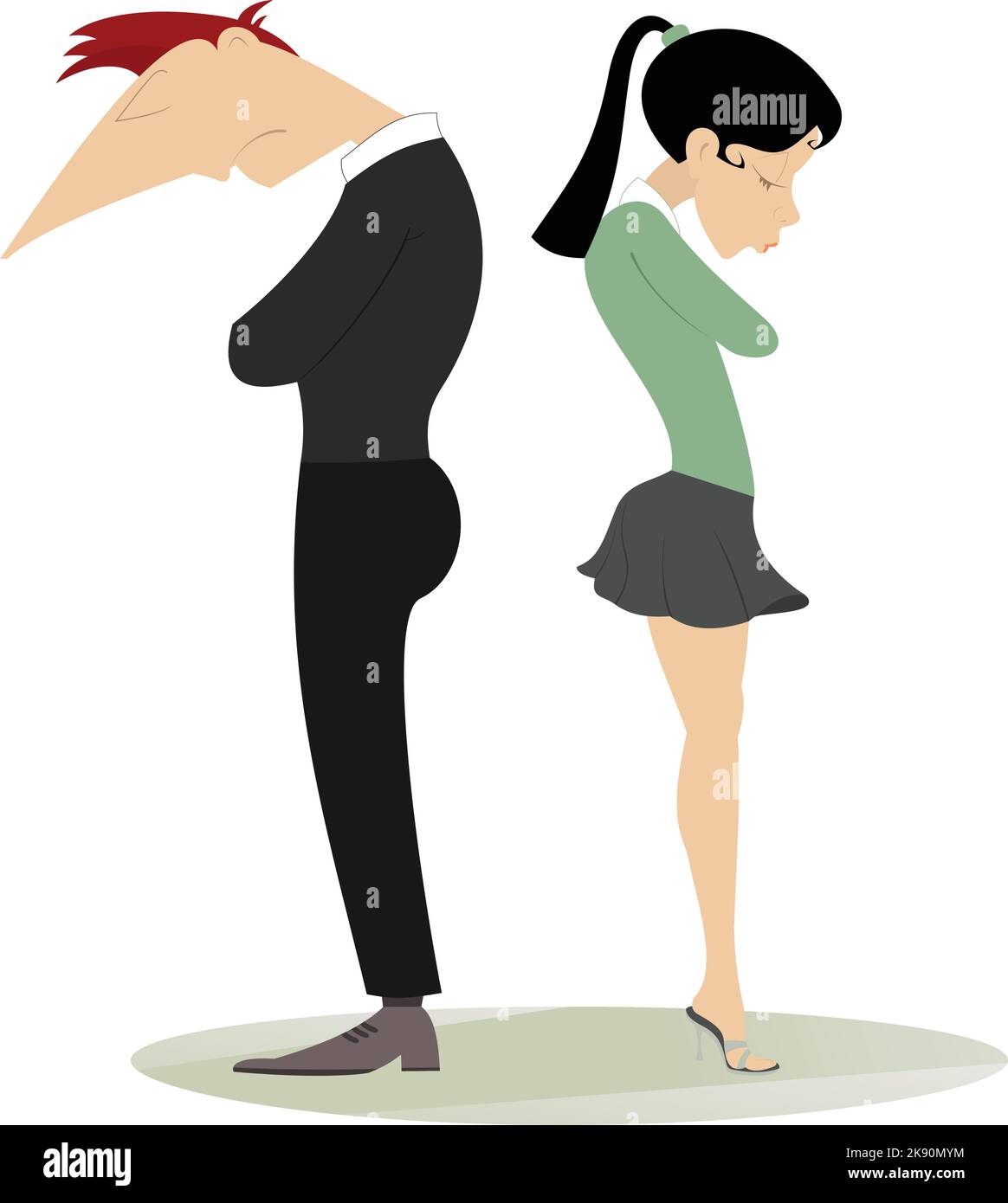 Disappointment. Man and woman in low spirit are standing back to back ...