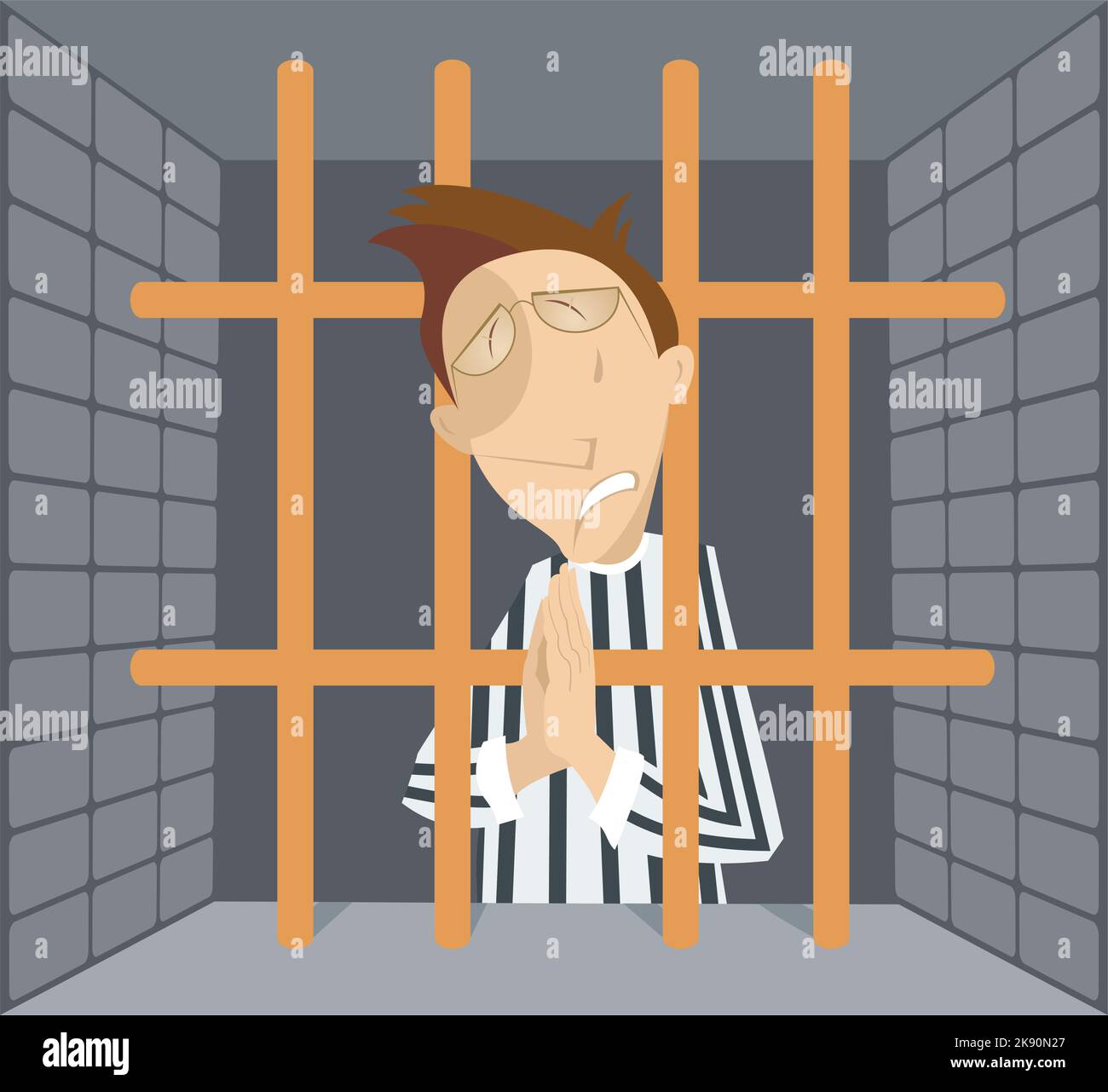 Man in jail cartoon. Crying prisoner behind the bars praying for ...
