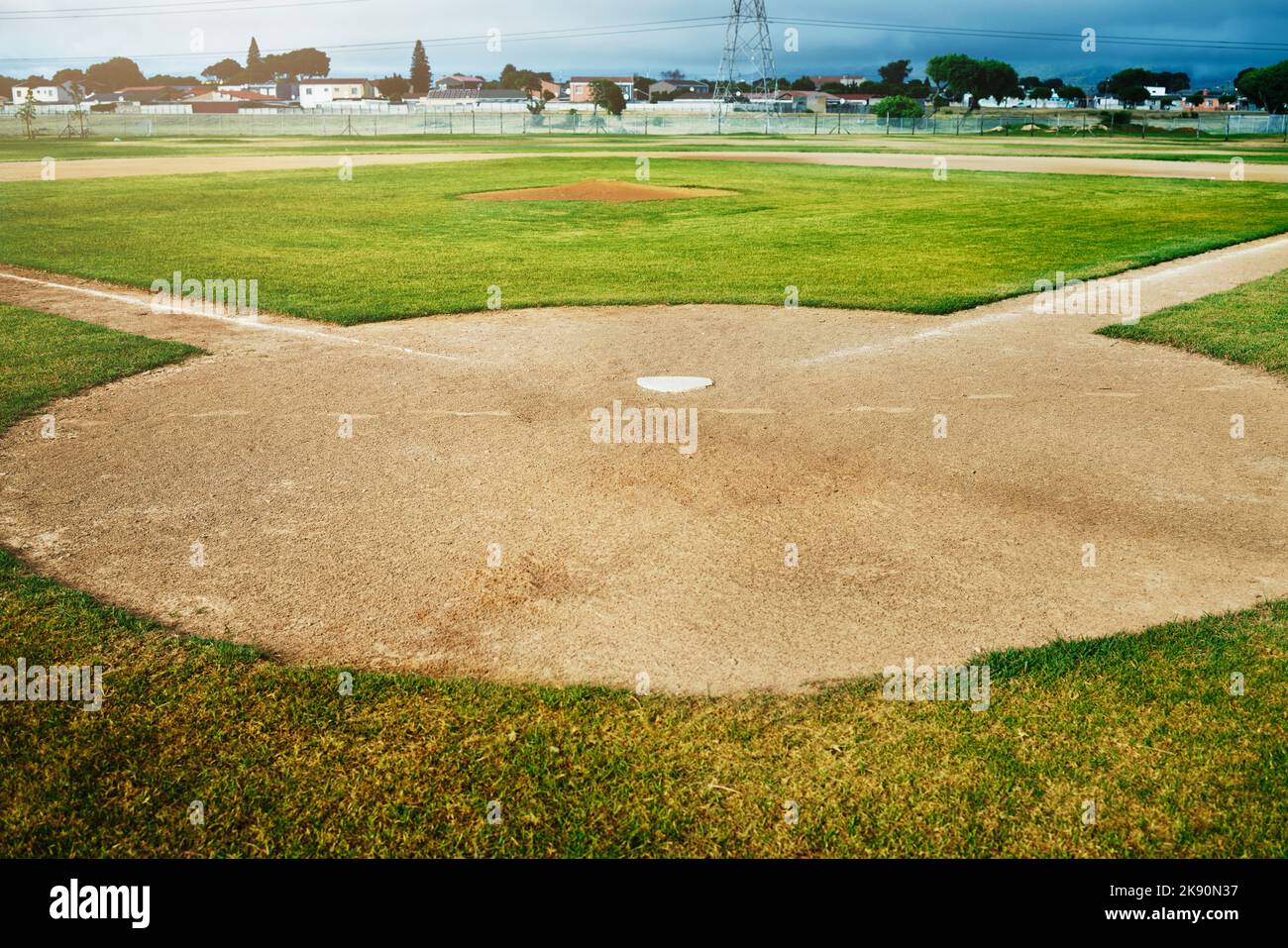 Baseball, sports and training with an empty outdoor field or grass ...
