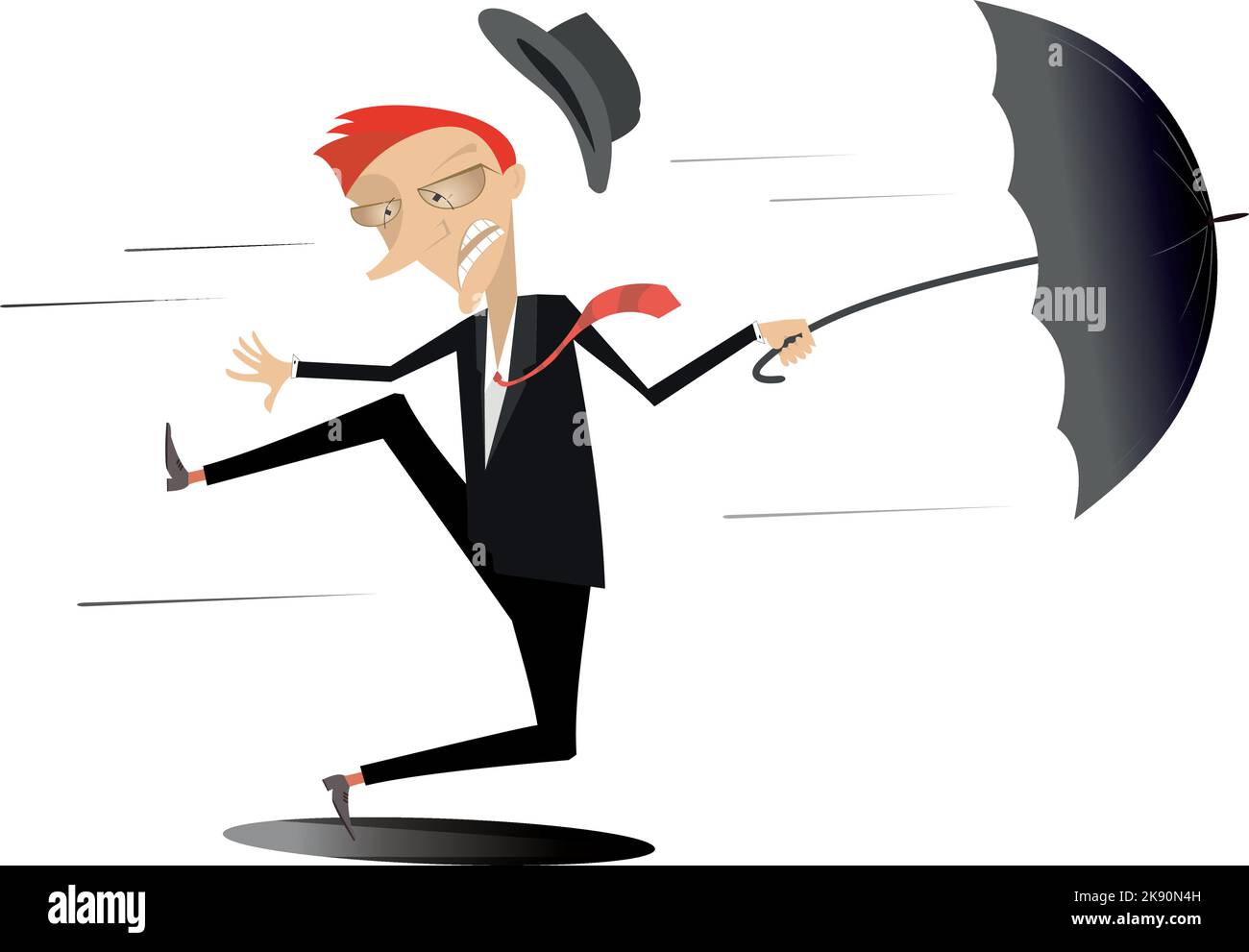 Strong wind, rain and man with umbrella illustration. Whirlwind, rain ...
