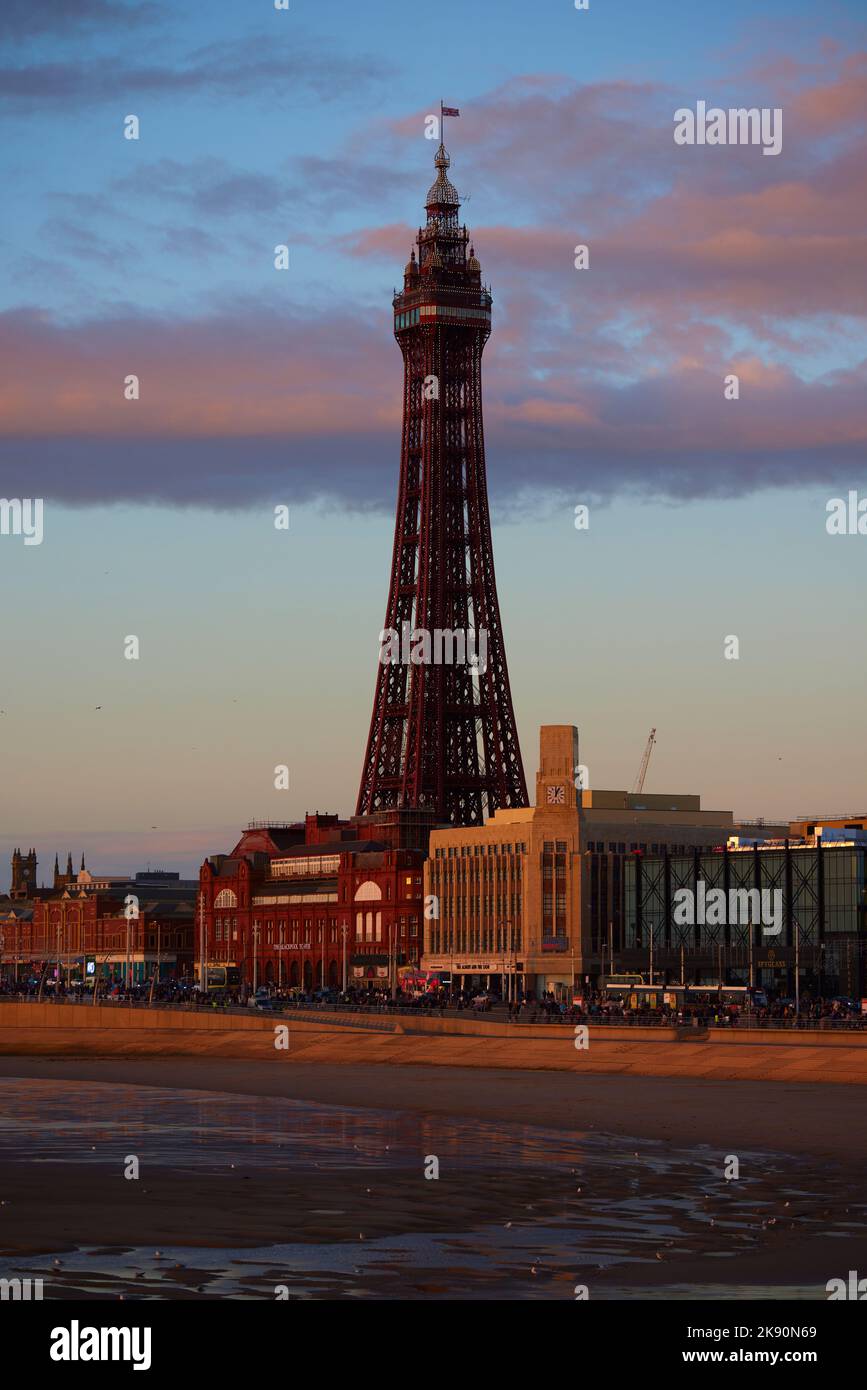 A vertical of Blackpool tower at sunset after a storm, purple clouds ...