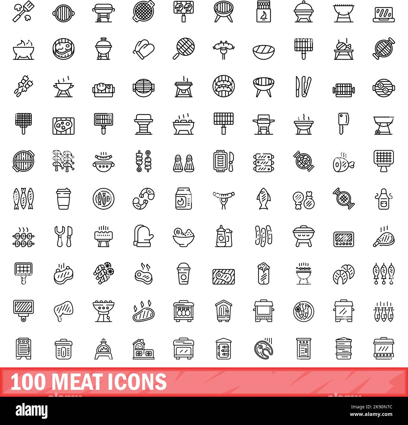 100 meat icons set. Outline illustration of 100 meat icons vector set ...