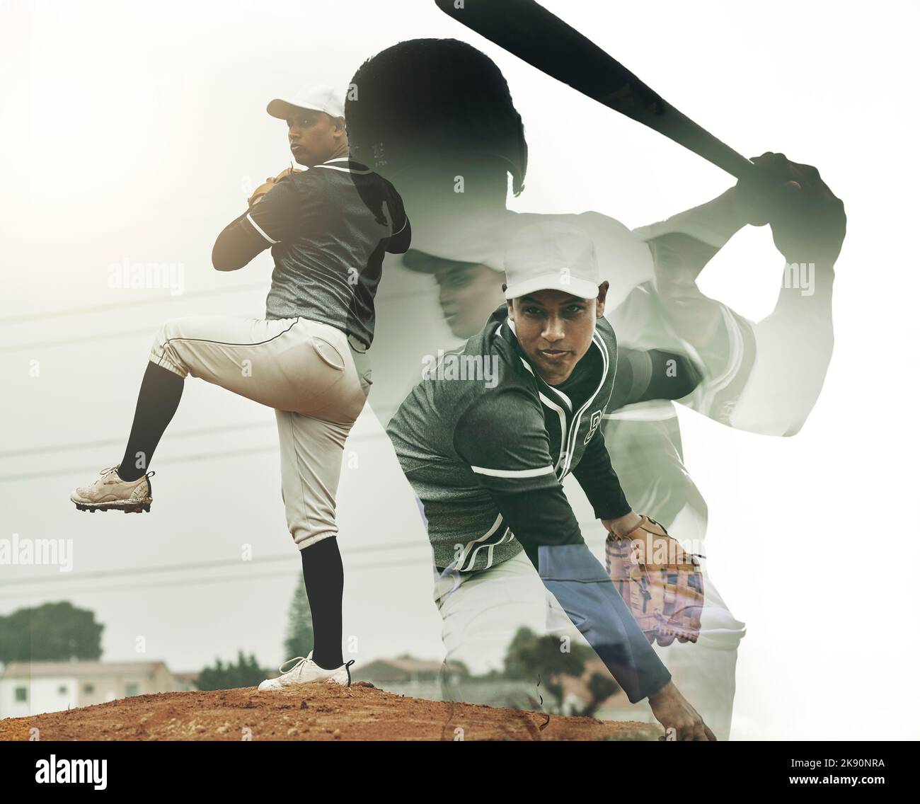 Motion, baseball and sports man in action on baseball field with ...