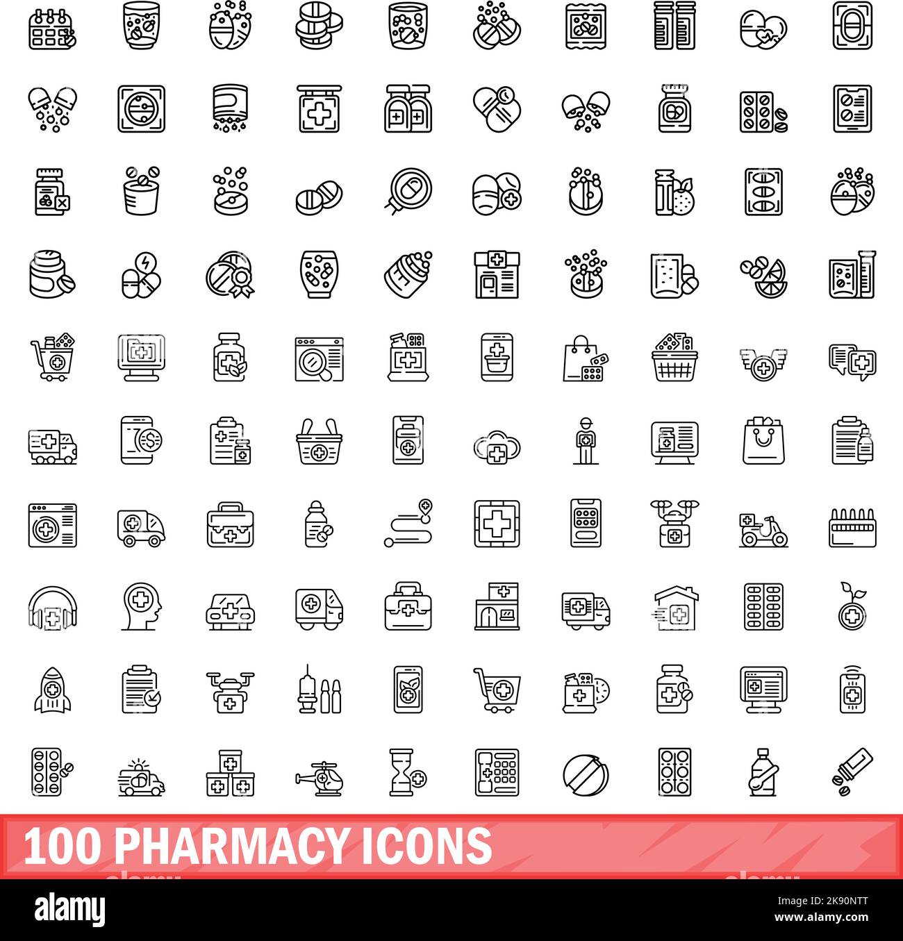 100 pharmacy icons set. Outline illustration of 100 pharmacy icons ...