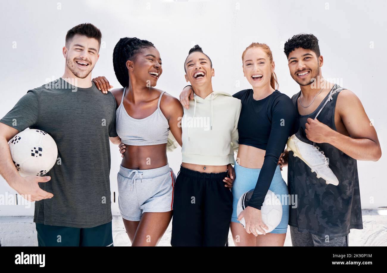 Fitness, soccer friends and diversity, a group of happy young people ...