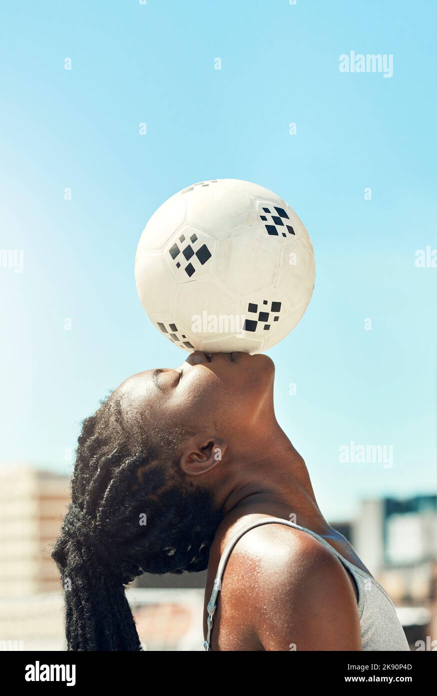 Soccer, ball and head balance of a black woman doing fitness outdoor ...