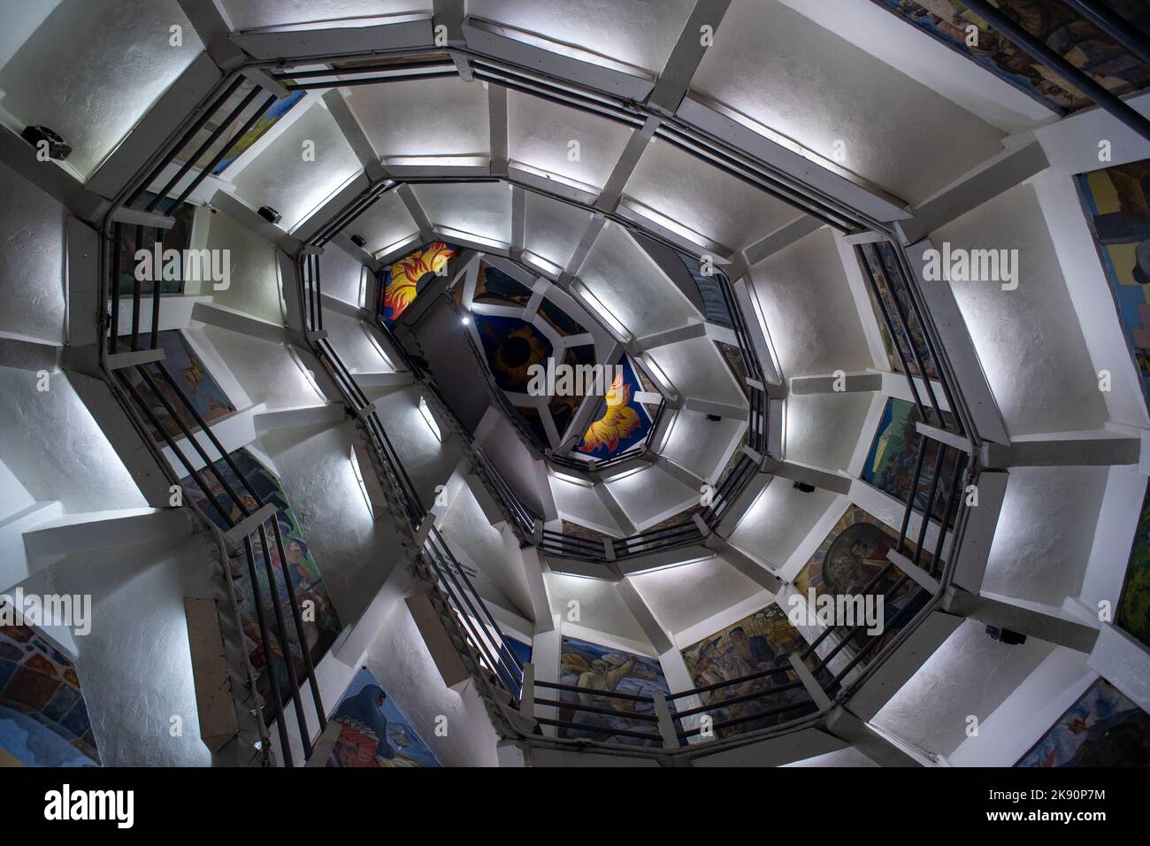 A low-angle shot of the spiral staircase inside the Statue of Jose ...