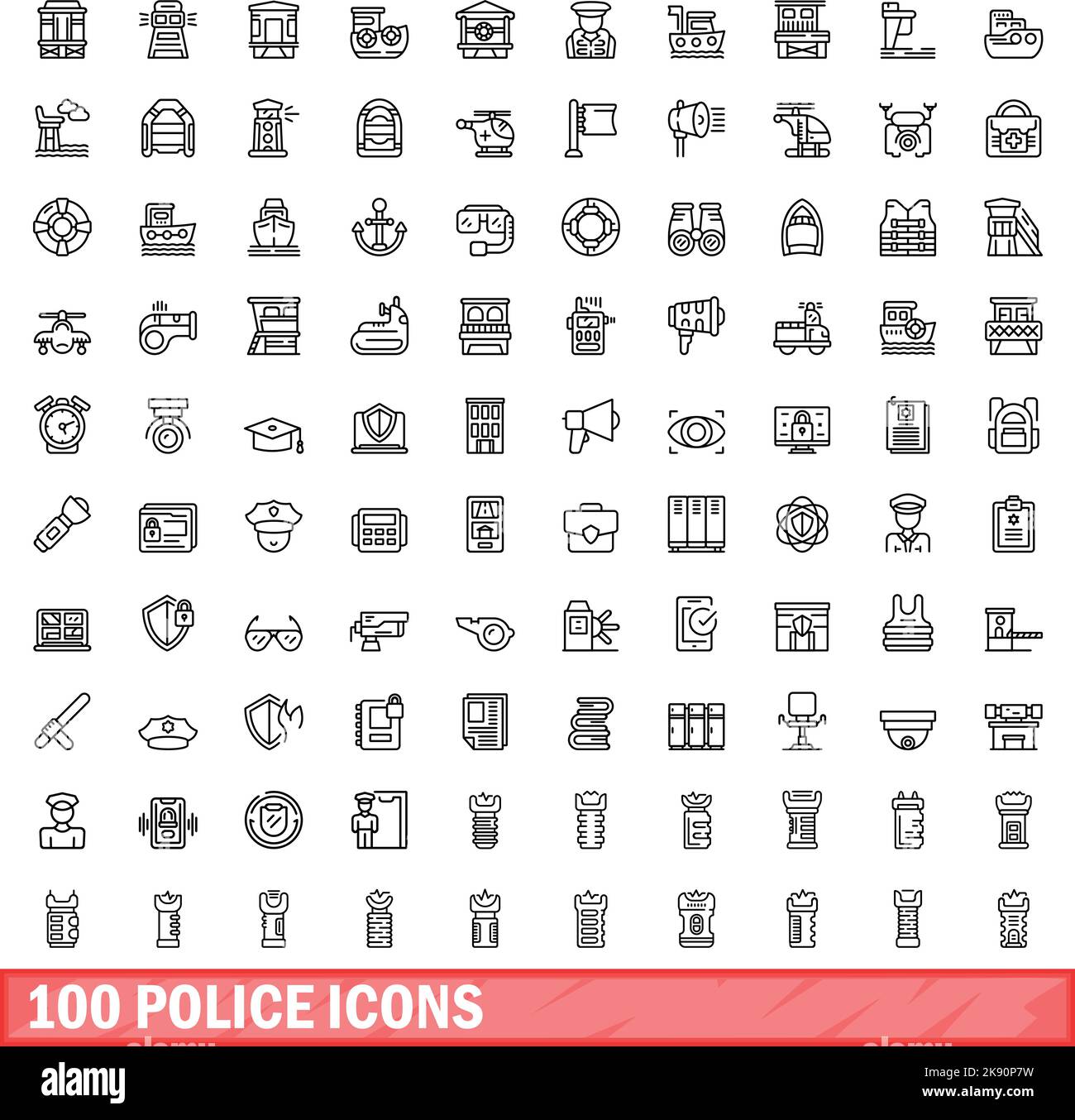 100 police icons set. Outline illustration of 100 police icons vector ...