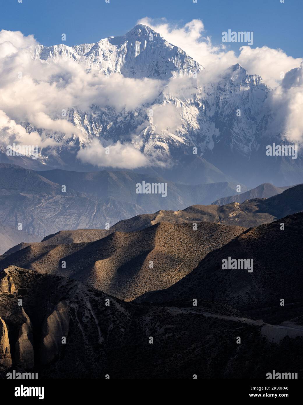 A vertical shot of the beautiful Nilgiri and Annapurna mountain ranges in the Himalayas, Nepal ...