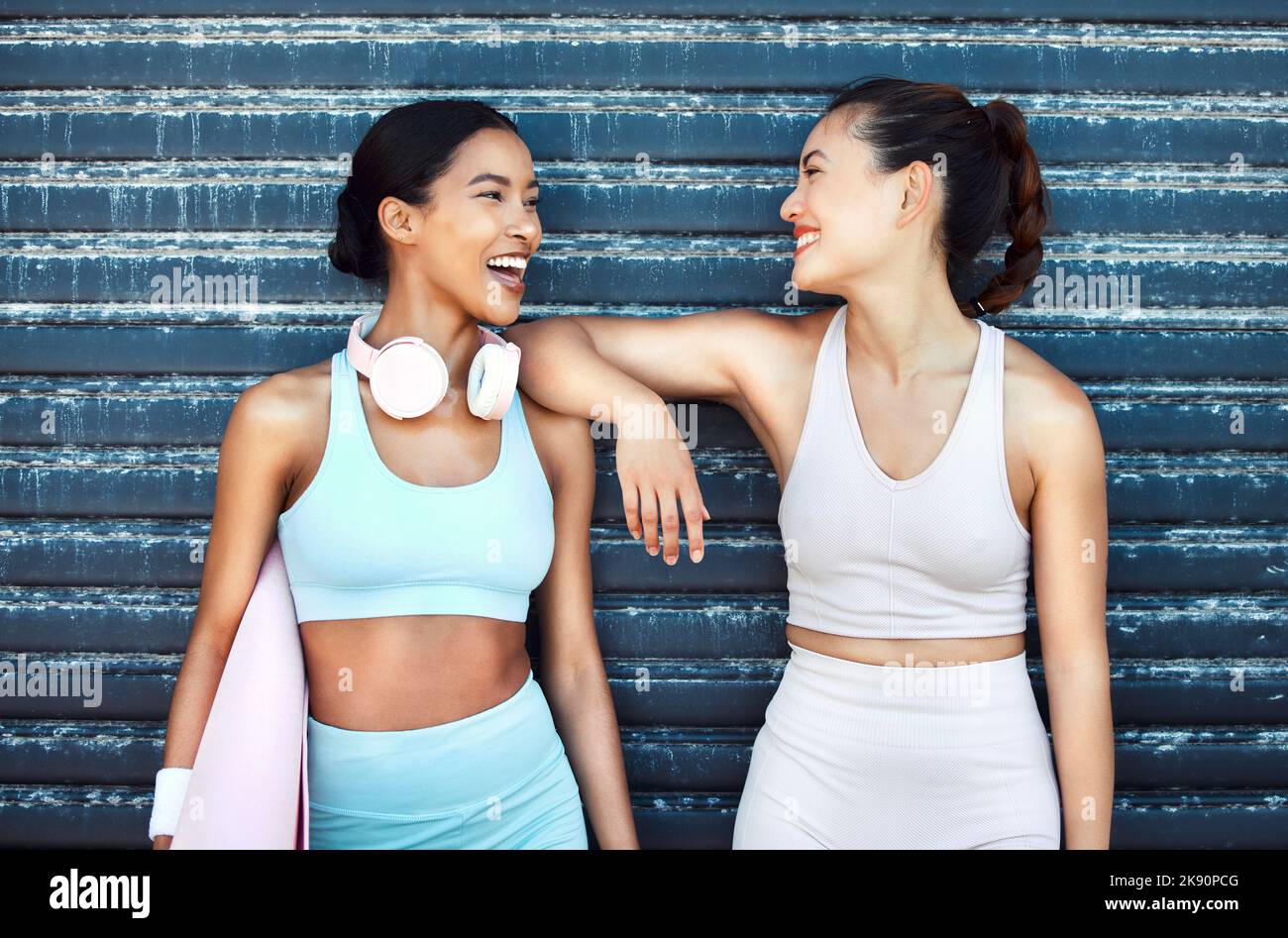 Yoga fitness, girl friends and smile of people happy about pilates ...