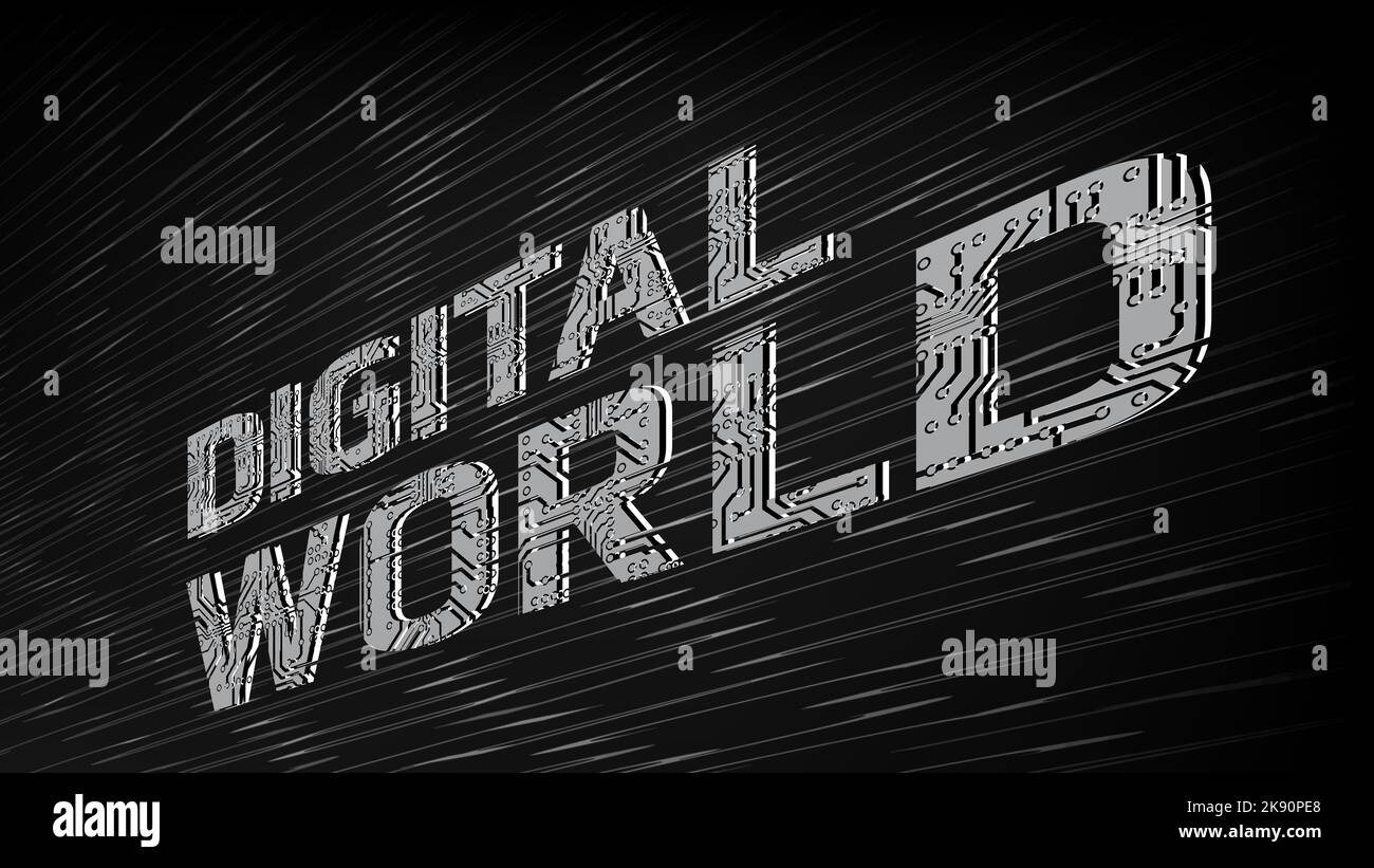 Inscription Digital World in perspective on black background in gray ...