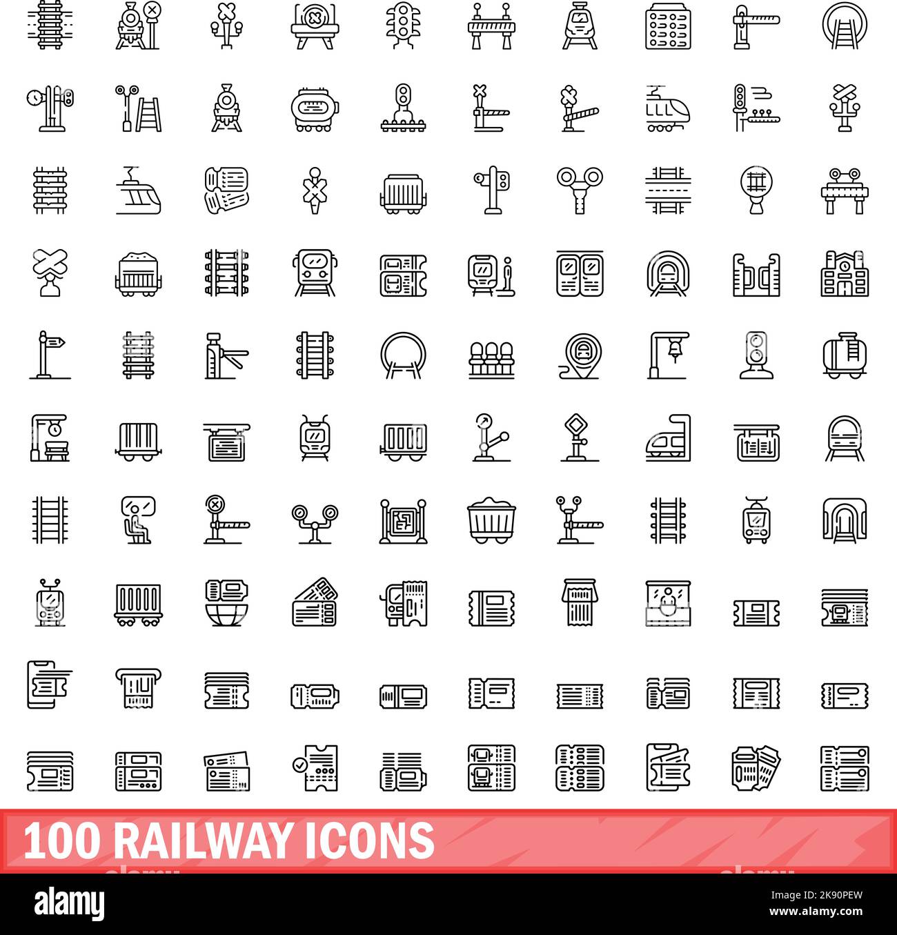 100 railway icons set. Outline illustration of 100 railway icons vector ...