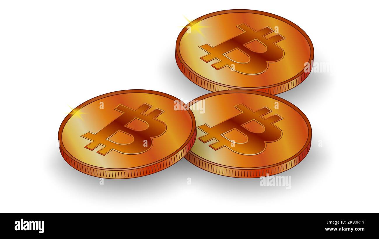 Three gold coins Bitcoin BTC with shadow in isometric view isolated on ...
