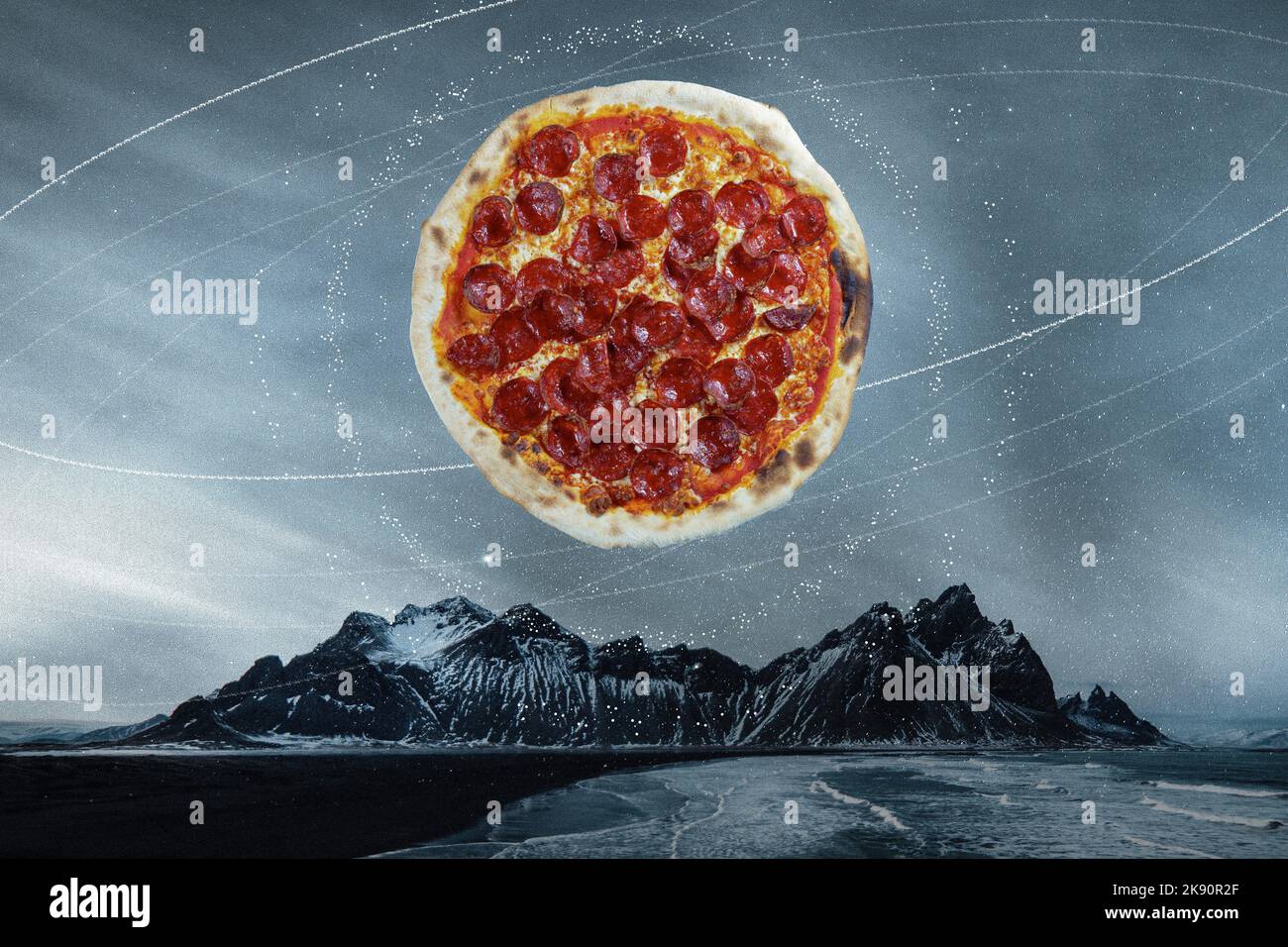 The illustration shows a traditional pepperoni pizza in space. Italian ...