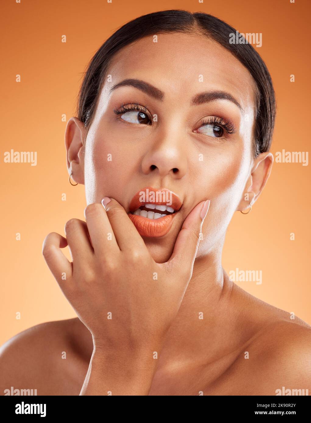 Skincare, woman and makeup with natural beauty, wellness and happy with ...