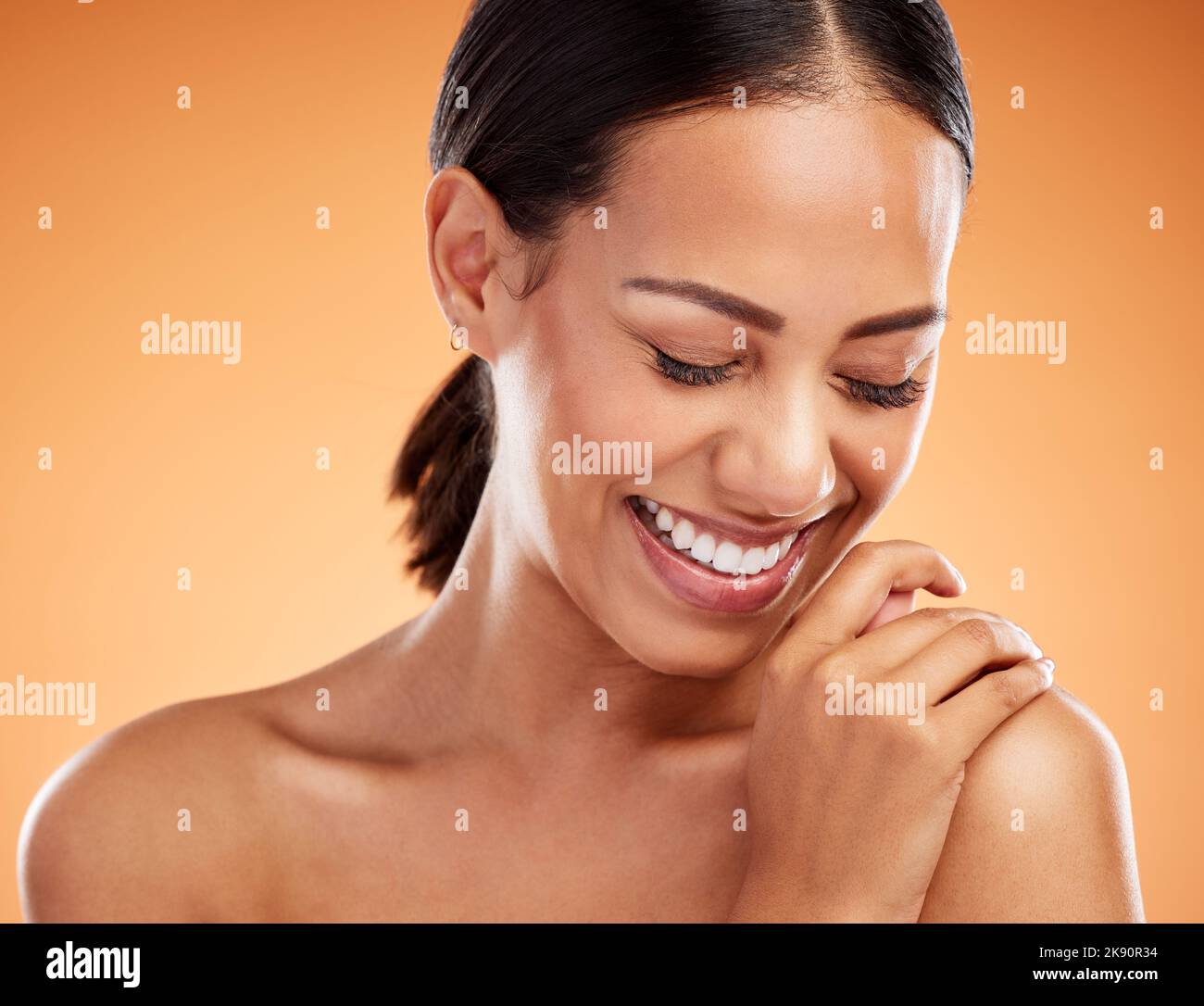 Happy, skincare and natural beauty of a black woman model with a smile ...