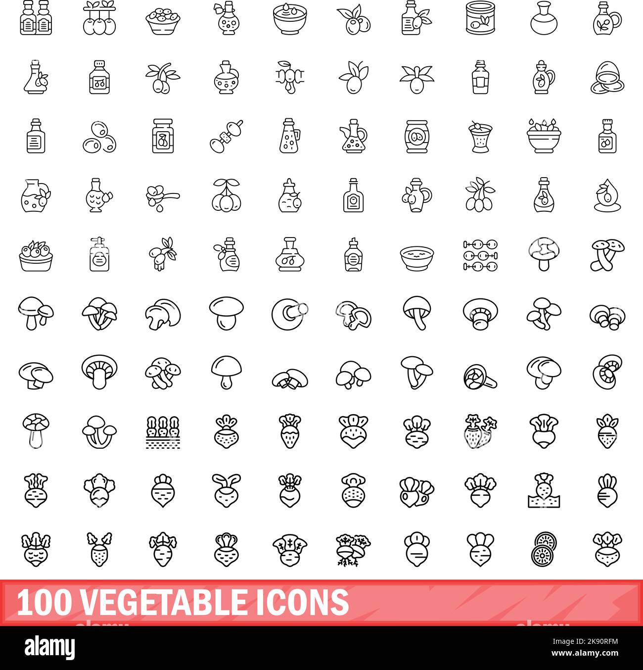 100 vegetable icons set. Outline illustration of 100 vegetable icons ...