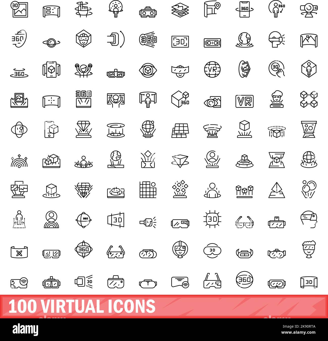 100 virtual icons set. Outline illustration of 100 virtual icons vector ...