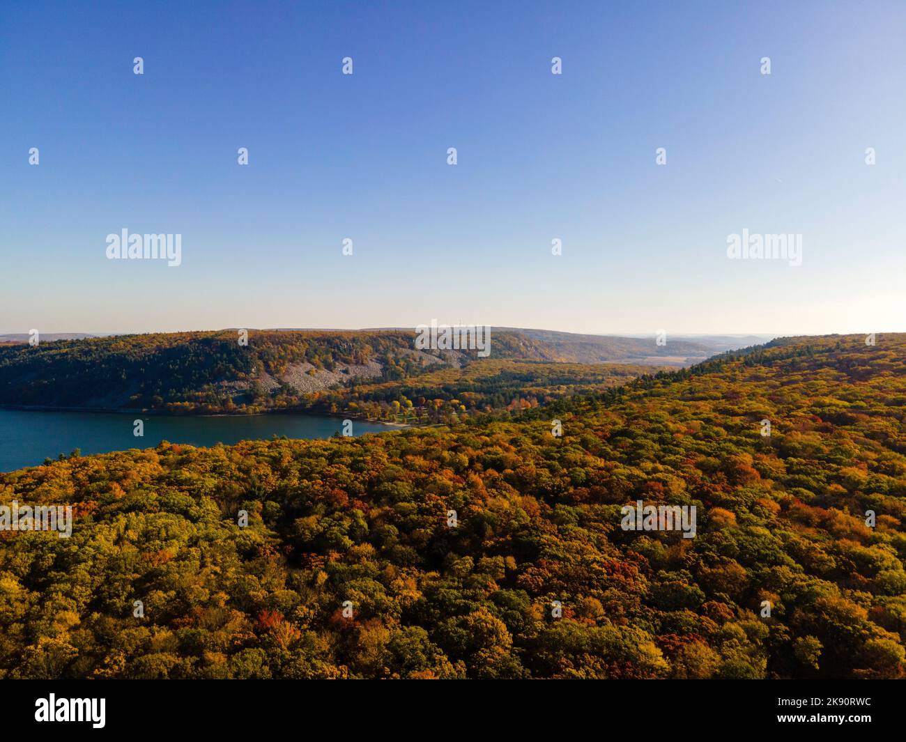 Aerial photograph of Devil's Lake State Park on a gorgeous autumn ...