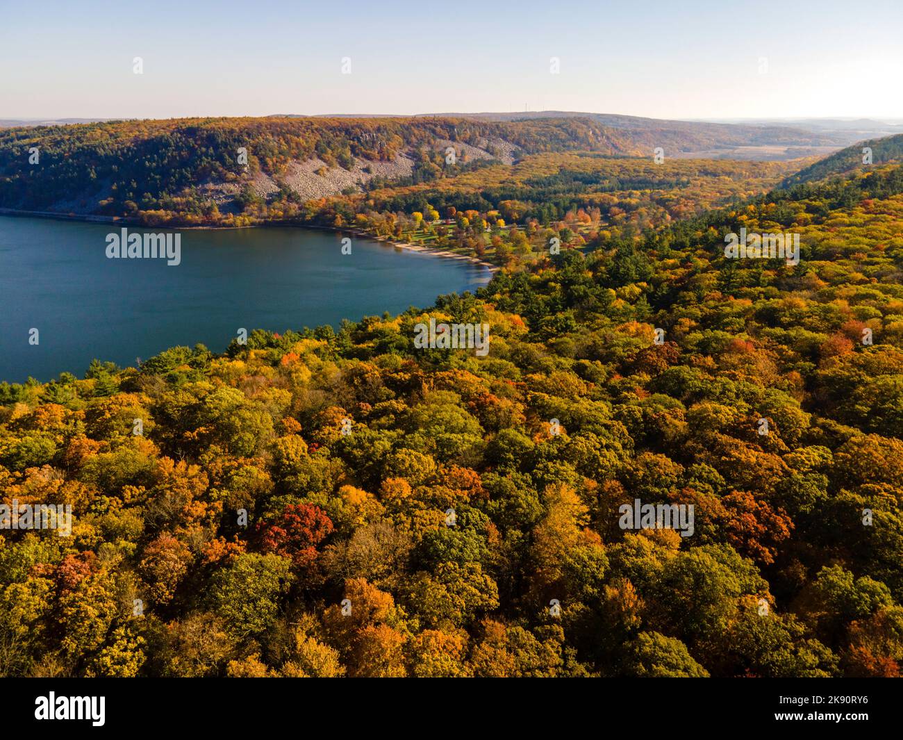 Aerial photograph of Devil's Lake State Park on a gorgeous autumn ...