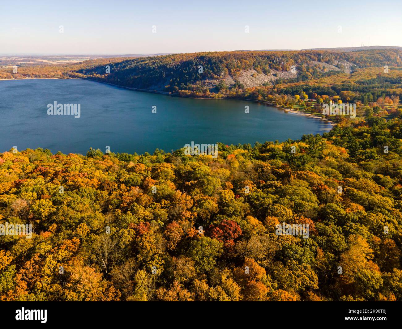 Aerial photograph of Devil's Lake State Park on a gorgeous autumn ...