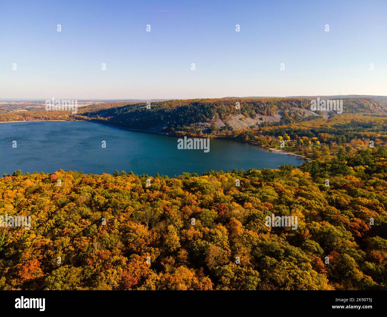 Aerial photograph of Devil's Lake State Park on a gorgeous autumn ...