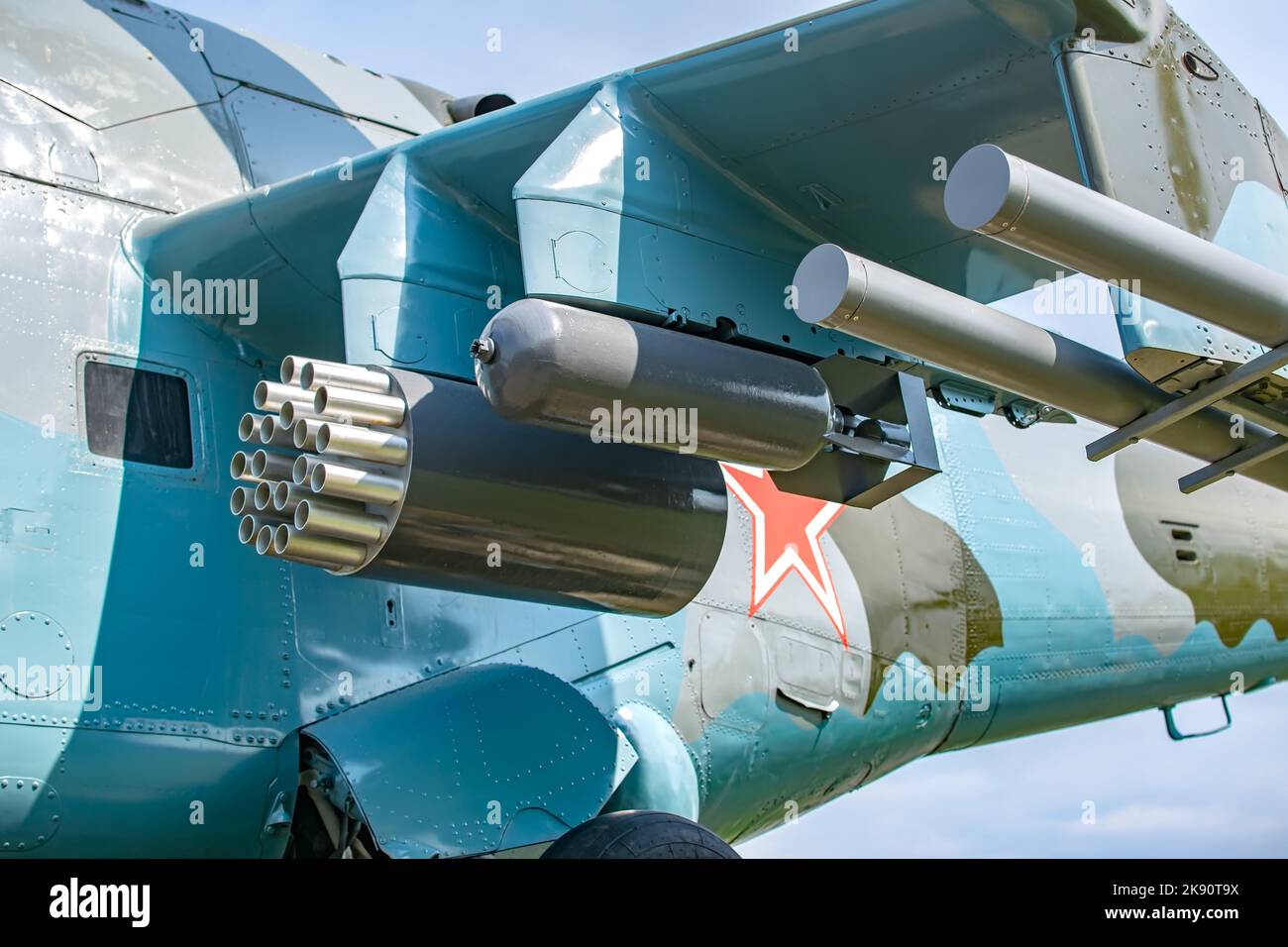 view of suspended weapons, bombs and missiles on a Soviet military ...