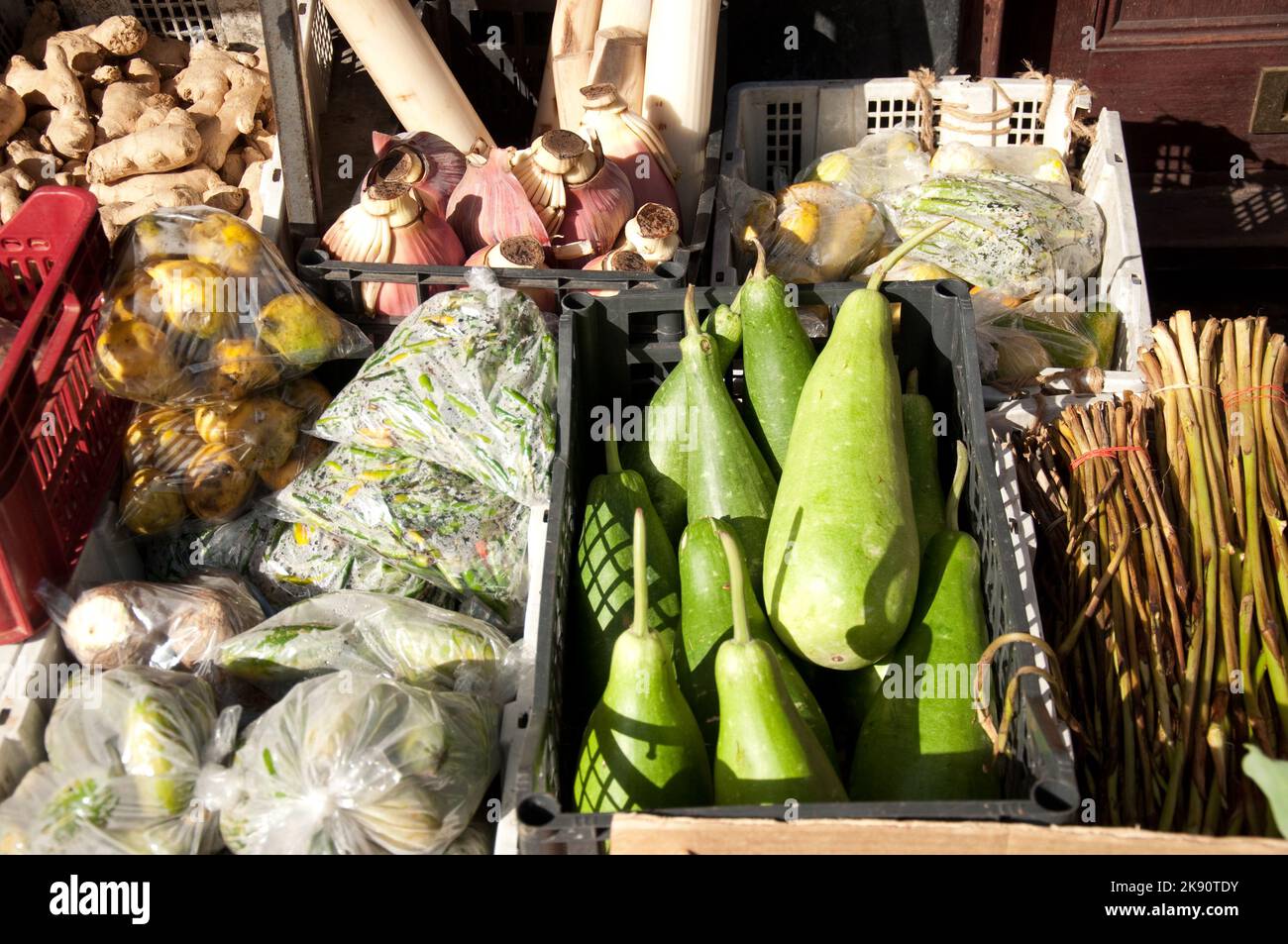 Fruit and vegetable stall outside shop on Whitechapel, Tower Hamlets ...