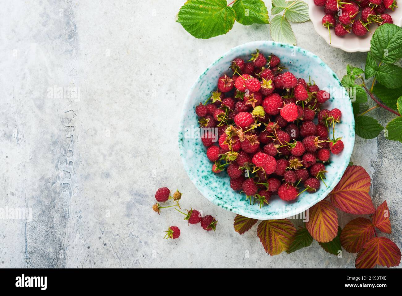 Raspberry. Branch of ripe raspberries with leaves on old concrete tile ...
