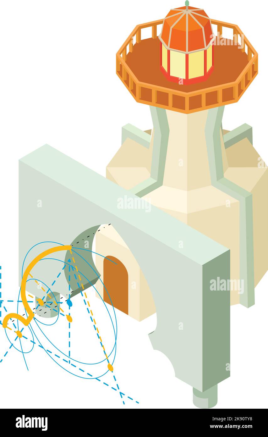 Reconstruction icon isometric vector. Arch project and large lighthouse ...