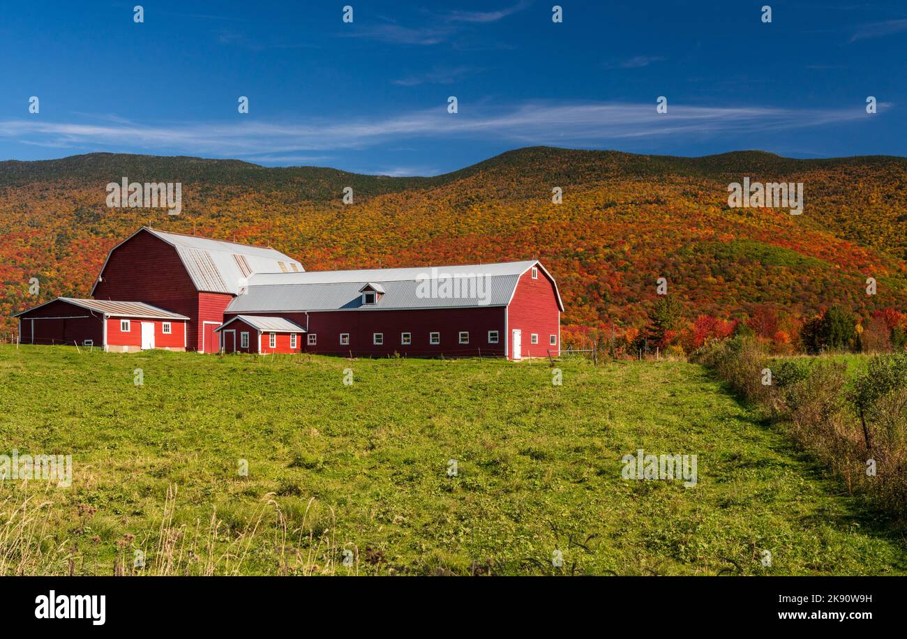 Large modern farm barn by the side of the road near Stowe in Vermont ...
