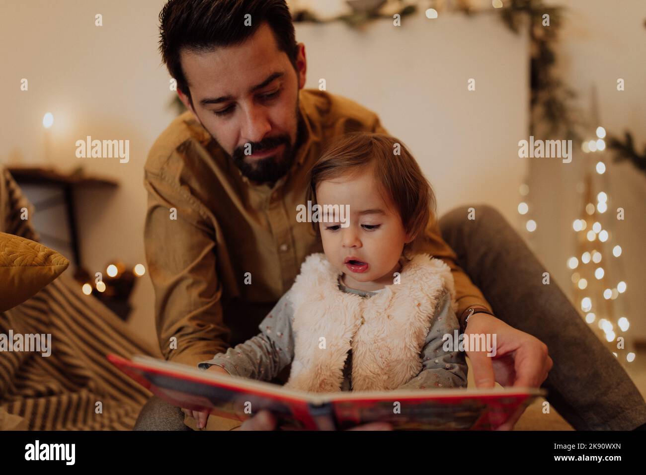 Father reading a book to his young daughter at home hi-res stock ...