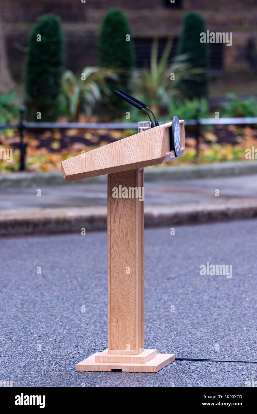 London, UK. 25 October 2022. The custom lectern for new Prime Minister ...