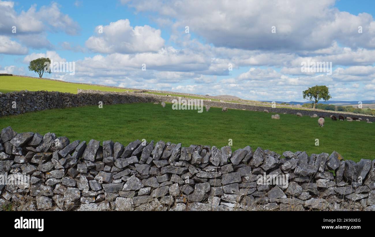 Dry stone wall Derbyshire, made from Limestone blocks. Cloudy blue sky ...