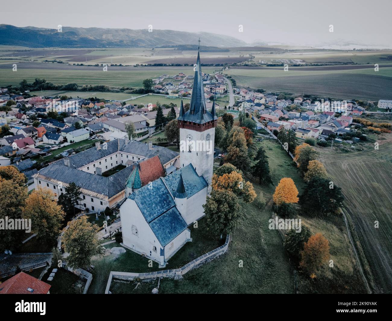 An aerial view of a church in the village Stock Photo - Alamy