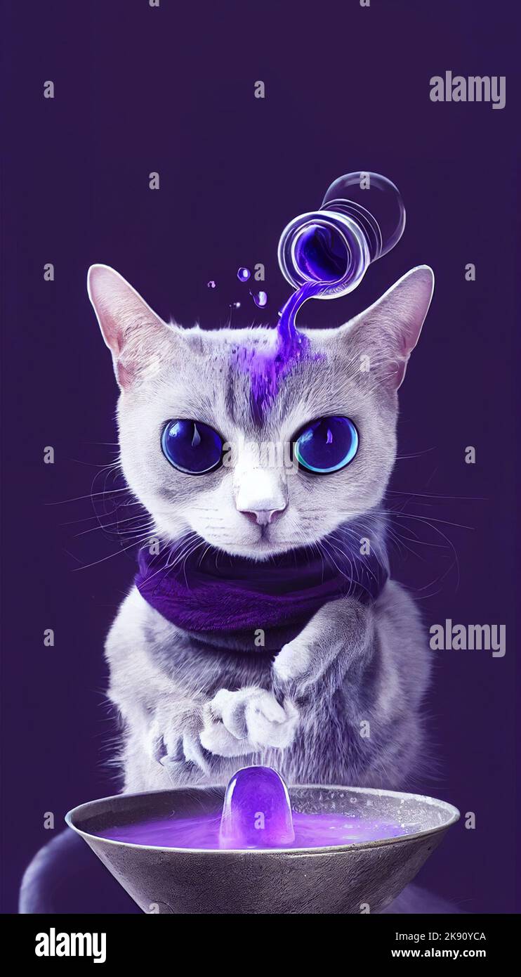 A vertical of a witch cat cooking a magic potion on a purple background ...