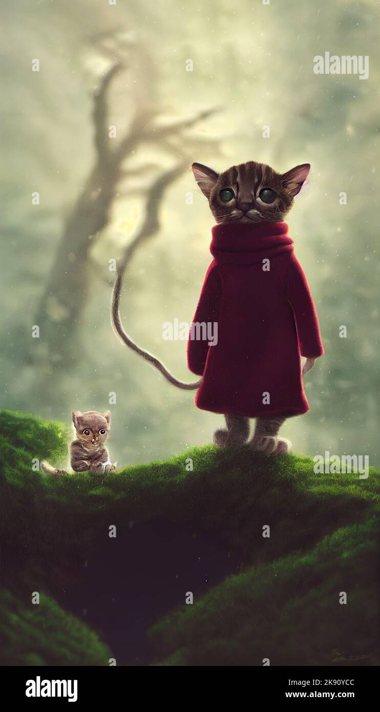 A vertical of a mother and baby cats in a forest on a rainy day Stock ...