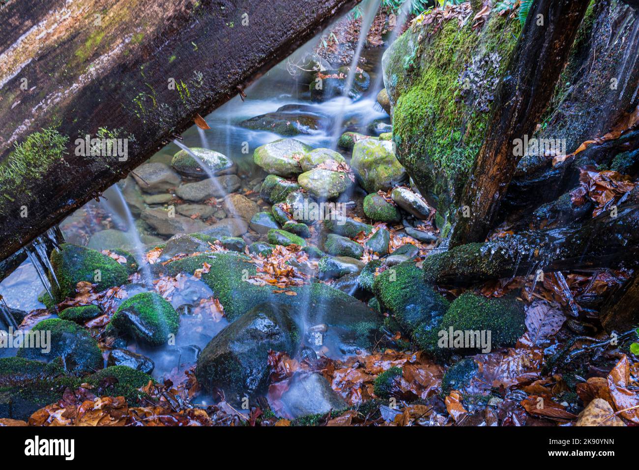 A high angle shot of water spilling out of sluice at Tub Mill oustide ...