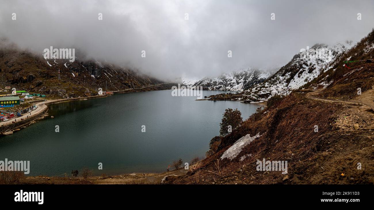 Beautiful view of mountain range with snow clad at Tsomgo (Changu) Lake, sacred natural glacial ...