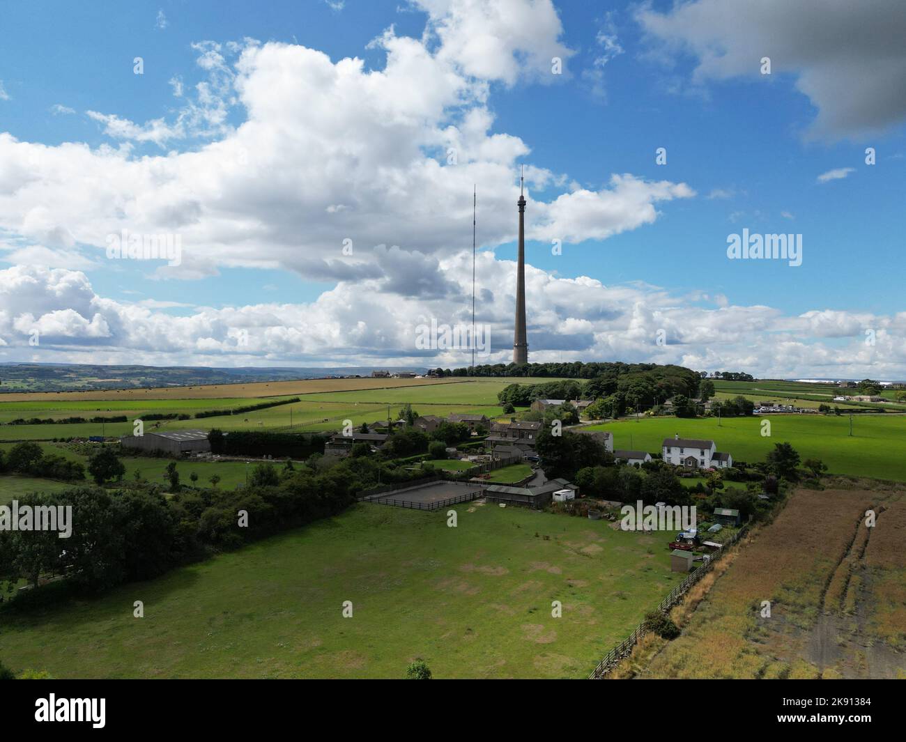An aerial view of a transmitting tower in the countryside area in UK ...