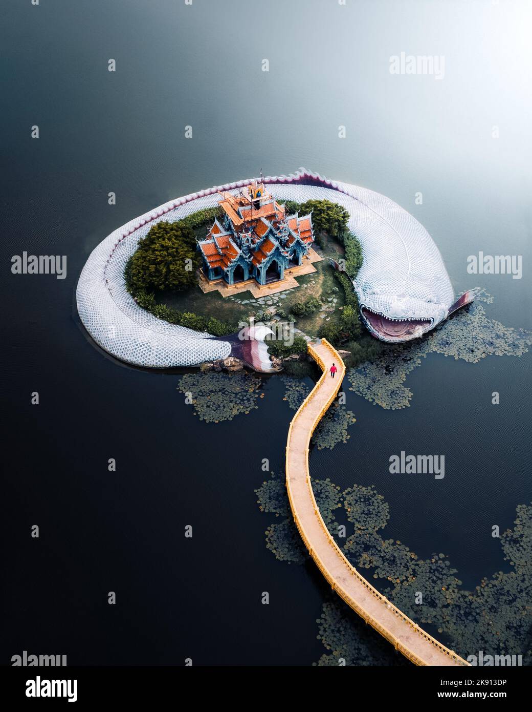 An aerial view of the marvelous Sumeru temple guarded by a giant fish ...