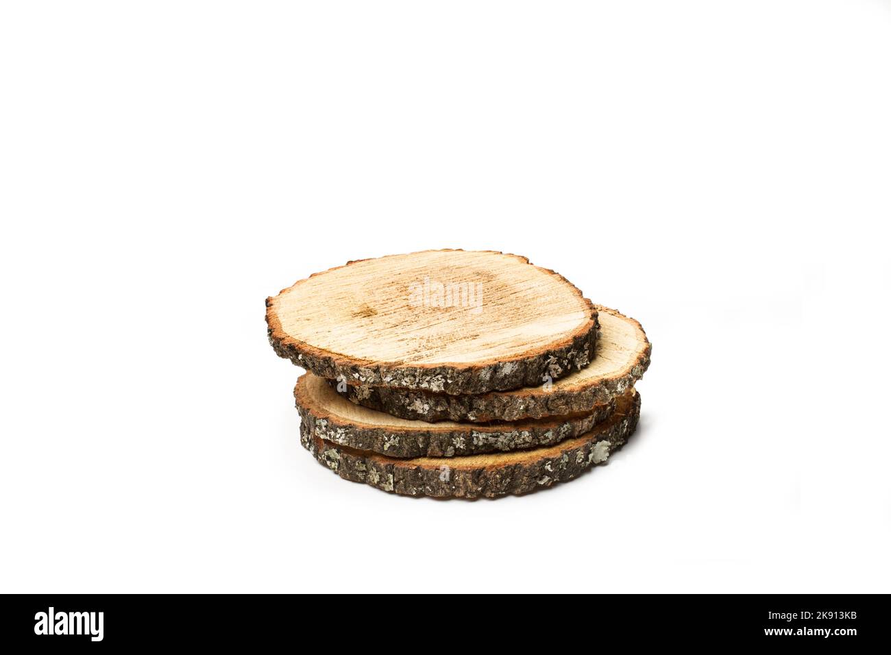 A pile of tree trunk slices on a white background with copy space in a ...