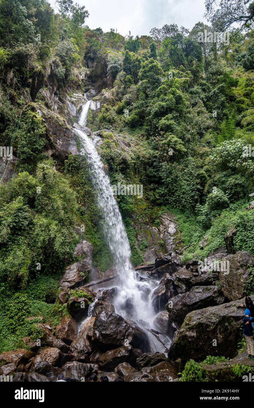 A vertical closeup of one of Seven Sister Waterfall Rivers with grass ...