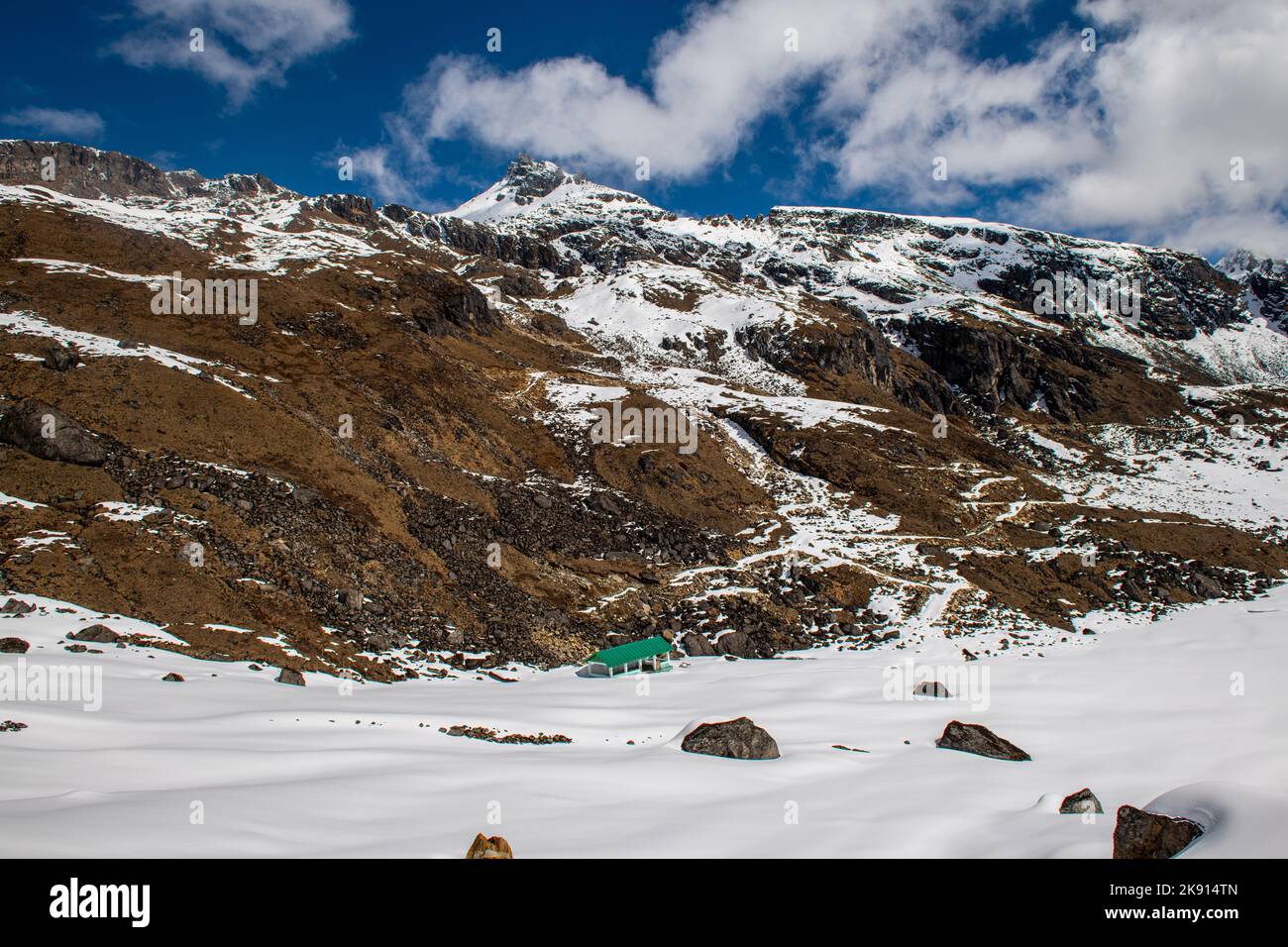 A low-angle of snowy ridged Kala Patthar, Sikkim, India, sunlit, clear ...