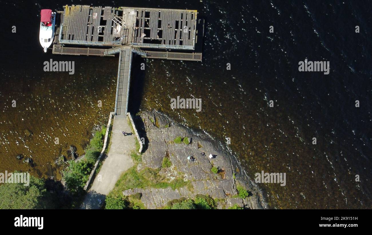 An aerial view of the Rowardennan pier in the evening over Loch Lomond ...