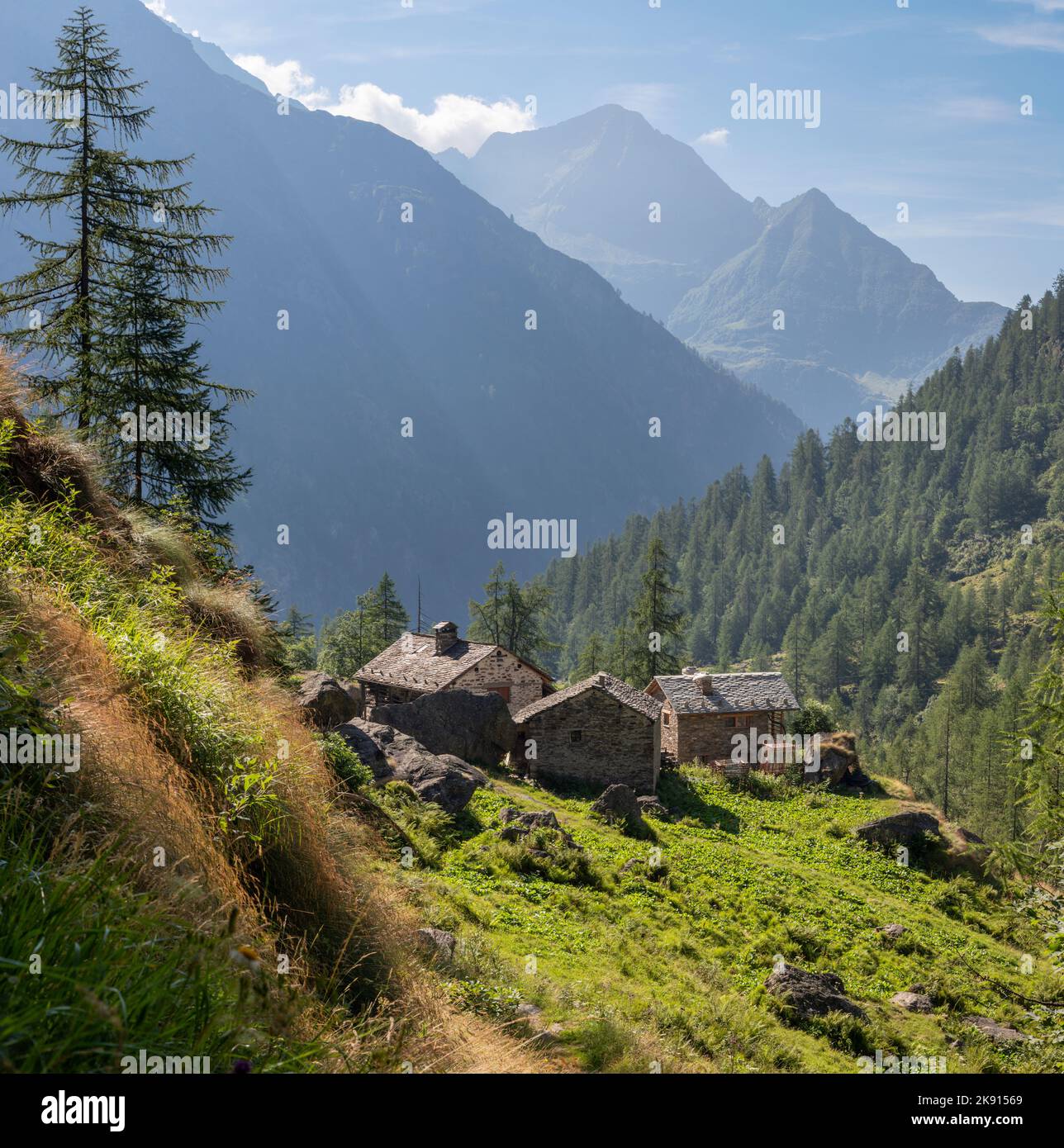 The old chalets in the morning light - Valsesia valley - Italy Stock ...